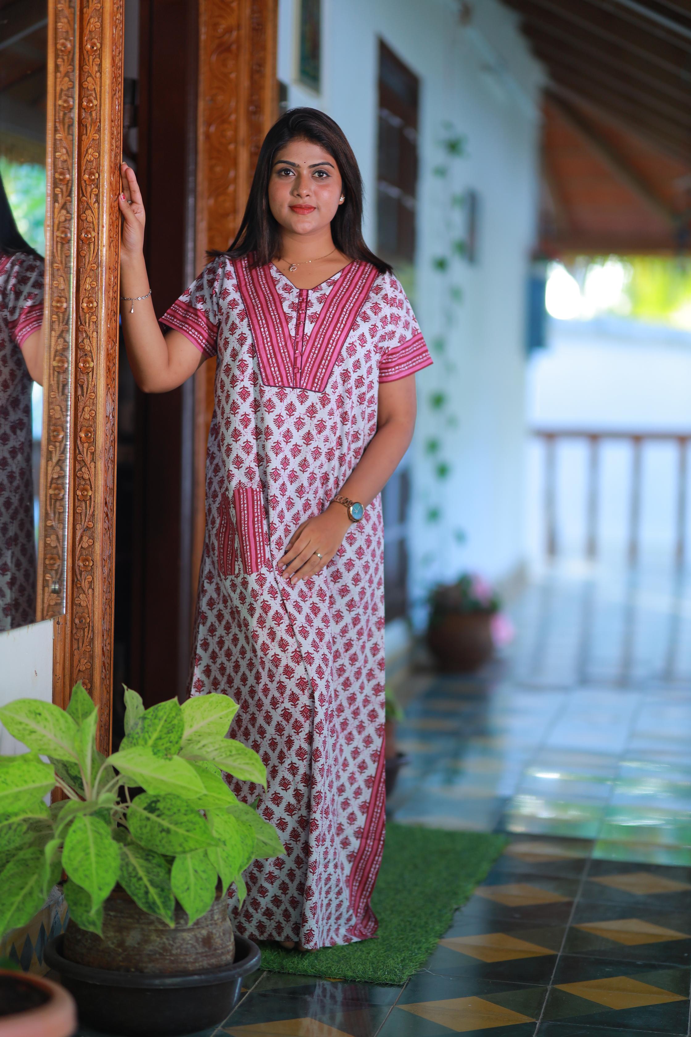 FANCY - Red With White Jaipur print Piping Without Zip Nighty – AHA Nightwears