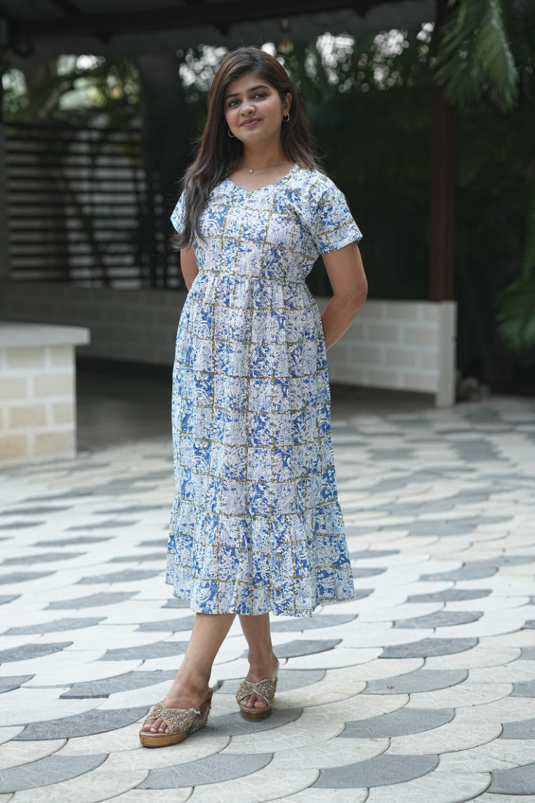 White With Blue Checked Design Midi Length Center Zip Frock – AHA ...